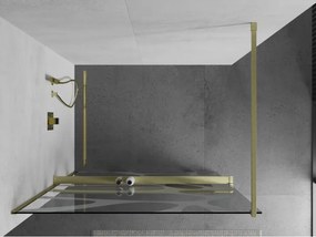 Mexen Kioto+, sprchová zástěna Walk-In s poličkou a věšákem 120 x 200 cm, 8mm čiré sklo bílý vzor, ​​zlatý matný profil, 800-120-121-55-97