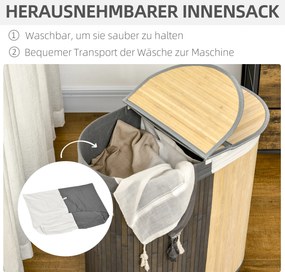 HOMCOM Koš na prádlo z bambusu s kapacitou 100L a víkem, s odnímatelným pytlem se 2 přihrádkami 62,5x37x60,5 cm Šedý a přírodní