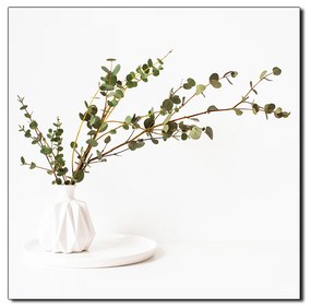 Obraz na plátně - Větev eukalyptu v bílé váze na bílém pozadí - čtverec 3272A (80x80 cm)