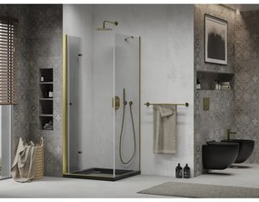 Mexen Lima, sprchový kout se skládacími dveřmi 80 (dveře) x 80 (stěna) cm, 6mm čiré sklo, chromový profil + slim sprchová vanička černá + zlatý sifon, 856-080-080-50-00-4070G