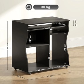 HOMCOM Stůl s Kolečky 80 x 48 cm Počítačový Stůl Kancelářský Stůl s Držákem na Monitor, Zásuvkou na Klávesnici, Policí na Úložné Prostředky, PC Stůl …