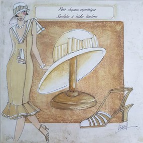 ART-STYLE Obrázek 30x30, dáma &amp; klobouk krémový, rám bílý s patinou