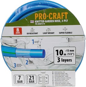 Procraft PR-3KGH1310 - modrá zahradní hadice, 3 vrstvy, 1/2", 10m