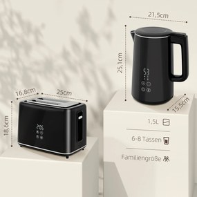 HOMCOM Kuchyňská sada s rychlovarnou konvicí a topinkovačem, 7 stupňů propečení, rychlé vaření, nerezová ocel, plast, černá barva
