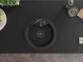 Mexen Diego, granitový dřez 488x488x167 mm, 1-komorový, černá-stříbrná metalíza s černým sifonem, 6512481000-73-B