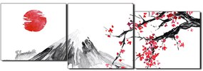 Obraz na plátně - Tradiční sumi-e obraz: sakura, slunce a hory - panoráma 5271E (120x40 cm)