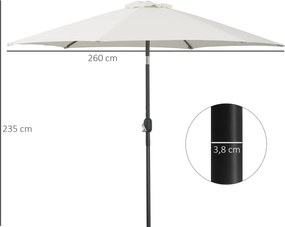Outsunny Hliníkový Zahradní Slunečník Ø260x235 cm Sklopný Zahradní Parasol s Kličkou a 6 Kovovými Tyčemi pro Venkovní Terasu a Balkon Krémový