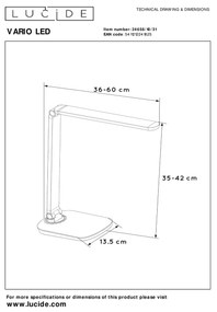 Lucide 24656/10/31 stolní LED lampa Vario bílá, 8W, 2700K/6500K, 35-42cm