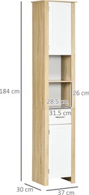 Kleankin Koupelnový Sloupek, Vysoká Skříňka s Dřevěným Povrchem a Zásuvkou, 2 Skříňky a 2 Nastavitelné Otevřené Poličky, 37x30x184 cm, Bílá a Dřevěná…