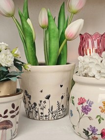 Béžový keramický obal na květináč s lučními květy Flora And Fauna S - Ø 12*11cm