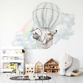 Gario Dětská nálepka na zeď Adventure in the sky - kočka, pejsek a husa v balonu Rozměry: 100 x 76 cm