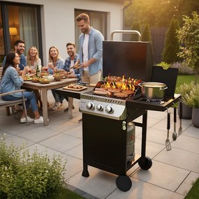 BPS-koupelny Plynový BBQ gril s boční plotýnkou, poličkou a krycí plachtou - , 2+1 hořák