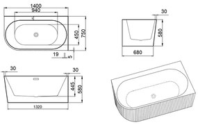 BPS-koupelny Volně stojící rohová akrylátová vana HYD-RIO504A pravá 140x75 bílá, odtokový komplet chrom