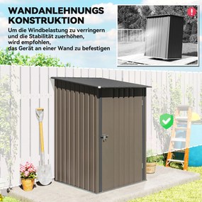 Outsunny Kovový Kůlna na Nářadí 1,6m³ 100x103x160cm Zahradní Kůlna s Šikmou Střechou a Zámkem Voděodolný Úložný Kabinet pro Zahradu, Hnědá