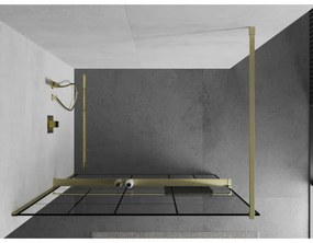 Mexen Kioto+, sprchová zástěna Walk-In s poličkou a věšákem 140 x 200 cm, 8mm čiré sklo černý vzor, ​​zlatý matný profil, 800-140-121-55-78