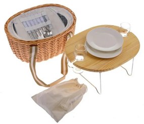 Proutěný piknikový koš s pevným víkem/stolem pro 2 osoby s termoboxem, 40 x 31 x 21 cm, 3 kg