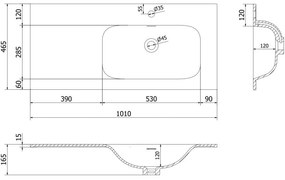 Mexen Vela, umyvadlo na zapuštění 101 x 46,5 cm, pravé, černá matná, 25231071P