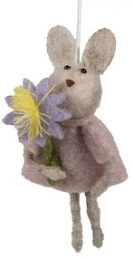 Šedý plstěný závěsný králíček s kytičkou Magiccal - 11 cm