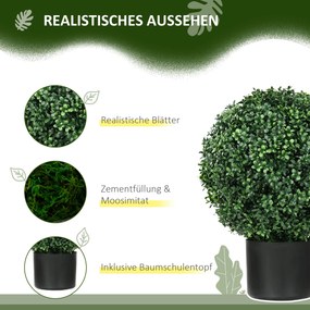 HOMCOM Set 2 Umělých Buxusových Stromů 52cm, Kulatá Umělá Rostlina v Květináči, Realistické Umělé Rostliny pro Dekoraci Obývacího Pokoje, Ložnice a K…