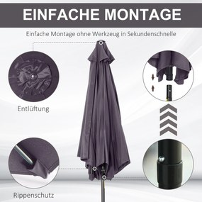 Zahradní slunečník Outsunny z hliníku Ø260x235 cm s naklápěcí konstrukcí, klikou a 6 kovovými tyčemi pro venkovní terasu a balkon - Šedý