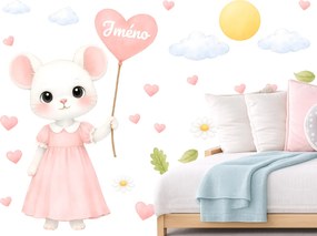 Myška s balónkem a jménem textilní přelepitelné samolepky na zeď arch 62 x 75 cm