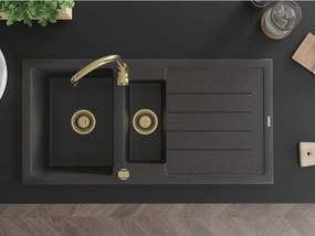 Mexen Andres, granitový dřez 1000x500x200 mm, 1,5-komorový, černá skvrnitá se zlatým sifonem, 6515101510-76-G