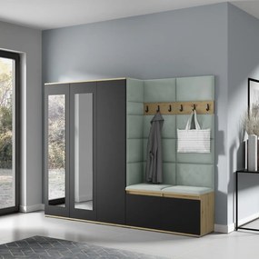 Eka Předsíňová stěna s čalouněnými panely Trinity 15 - Dub Artisan s černou / Světlá zelená 2321
