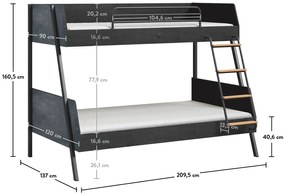 Studentská patrová postel 90x200-120x200 Nebula - černá/šedá