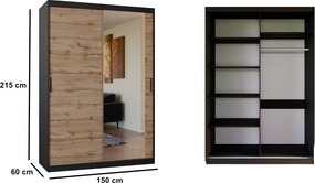 GAB Posuvná šatní skříň se zrcadlem MONTAIRE 150 cm Barva dřeva: Dub Wotan + černá