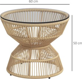 Ratanový konferenční stolek Outsunny Ø60 cm Zahradní stolek s deskou z tvrzeného skla v boho designu, konferenční stolek z přírodního dřeva |