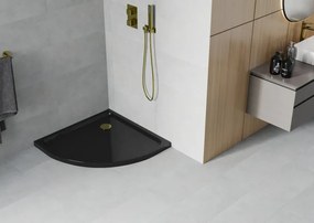 Mexen Flat, čtvrtkruhová akrylátová sprchová vanička 100x100x5 cm SLIM, černá, zlatý sifon, 41701010G