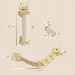 PawHut sada prolézaček pro kočky, 3dílný nábytek pro kočky se škrabadlem, stupínkem, žebříkem, nástěnné škrabadlo pro kočky do 5 kg, z borovicového d…