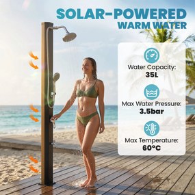 Outsunny solární zahradní sprcha 35 l – ochrana proti zamrznutí, dvojité dešťové hlavice, nožní kohoutek, max. teplota vody 60 °C, pro bazény a kempo…