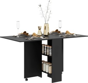 Skládací jídelní stůl HOMCOM s kolečky, skládacími křídly a policemi pro 4-6 osob 75x140x74 cm černý | Aosom