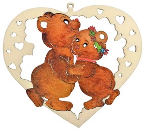 AMADEA Dřevěná ozdoba barevná srdce s medvídky 15 cm