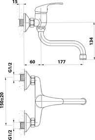 Aqualine 35 nástěnná dřezová baterie rozteč 150 mm ramínko S 177 mm chrom 52146