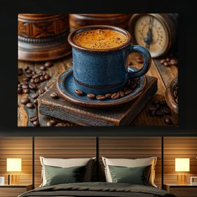 Obraz na plátně - Káva, dřevěný podtácek FeelHappy.cz Velikost obrazu: 210 x 140 cm