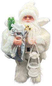 Vánoční dekorace, zpívající a tančící bílý Santa Claus držící lucernu a nosící dárky, 36cm