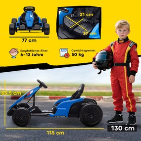 AIYAPLAY 24V elektrické Go-Kart, režim driftu, nastavitelná sedačka, 5bodový bezpečnostní pás, hudební funkce, 6–12 let, modrá
