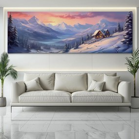 Obraz na plátně - Zimní krajina s horami a chatou FeelHappy.cz Velikost obrazu: 150 x 50 cm