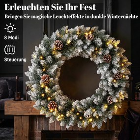 HOMCOM Vánoční věnec 60 cm Osvětlený věnec na dveře s 50 LED Šišky Umělý sníh na Vánoce Adventní dveře