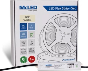 McLED LED pásek - sada 1 m, 240 LED/m, WW, 6 W/m, DC 24V, 500 lm/m, CRI90, IP67, 10 mm, vodič 3 m ML-126.034.90.S01001