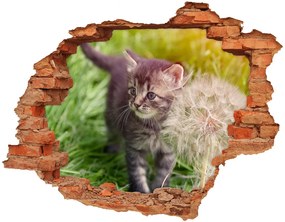 Wallmuralia Díra 3D fototapeta nálepka Kočka s pampeliškou 90x70 cm