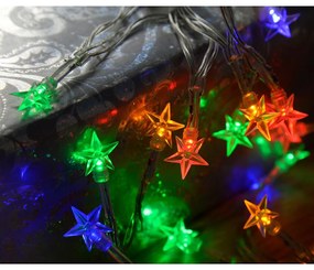 Vnitřní LED vánoční řetěz s hvězdičkami - různobarevná, průhledný kabel, 6m