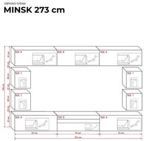 Ral Obývací stěna MINSK 5, 273 cm - Bílý lesk