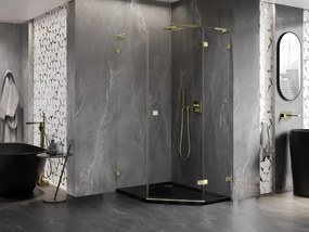 Mexen Lunar, L pravý výklopný pětiúhelníkový sprchový kout 90 x 100 cm, 8mm čiré sklo, zlatý profil, 831L-090P-100L-50-00-P