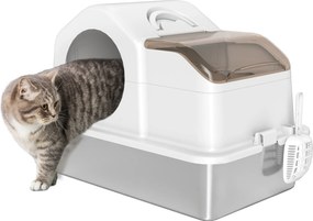 PawHut Extra Velká Krytá Kočičí Toaleta se Snětelným Víkem a Nerezovou Mísou, Vysoké Okraje, Odolná Proti Zápachu, Snadné Čištění pro Velké Kočky Bílá