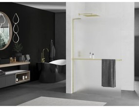 Mexen Kioto+ L, sprchová zástěna Walk-In s poličkou a ramínkem 100 x 200 cm, 8mm sklo námraza, zlatý matný profil, 800-100-123-55-30