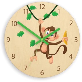 M.Clock Nástěnné dětské dřevěné hodiny opička tiché 30cm bříza