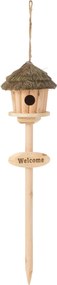 Přírodní dřevěná ptáčí budka na stojanu Welcome – 17*17*72 cm